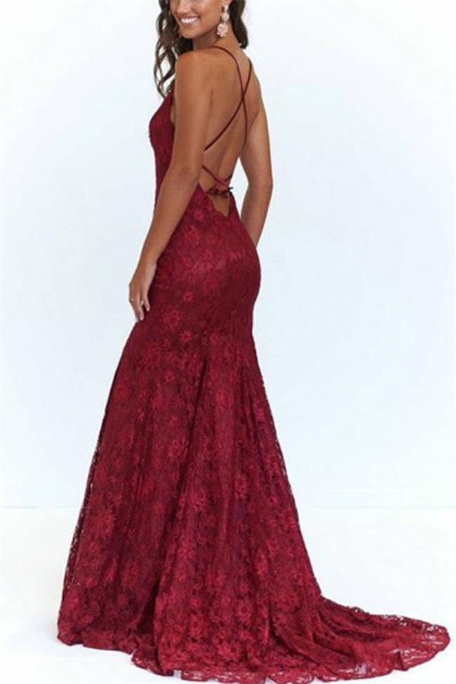 Burgundy Lace Mermaid Backless Strap Prom Dresses Formal Evening Dress