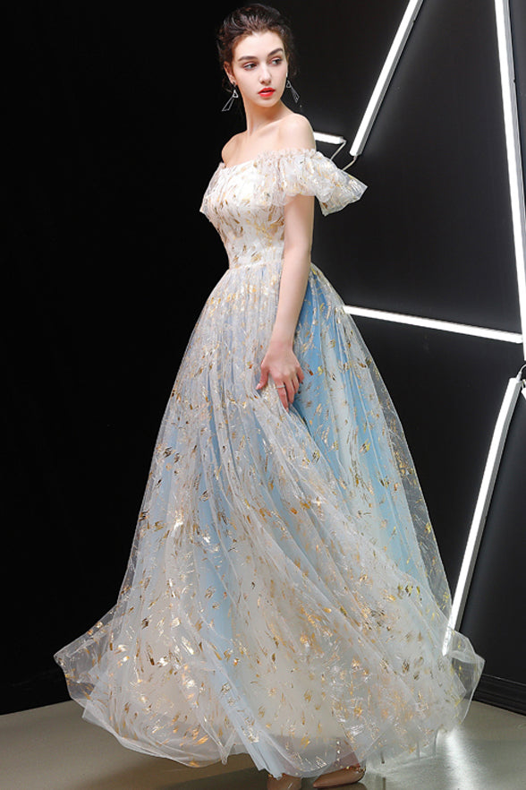 Gold Lace Off the Shoulder Prom Dresses Formal Evening Grad Dress ...