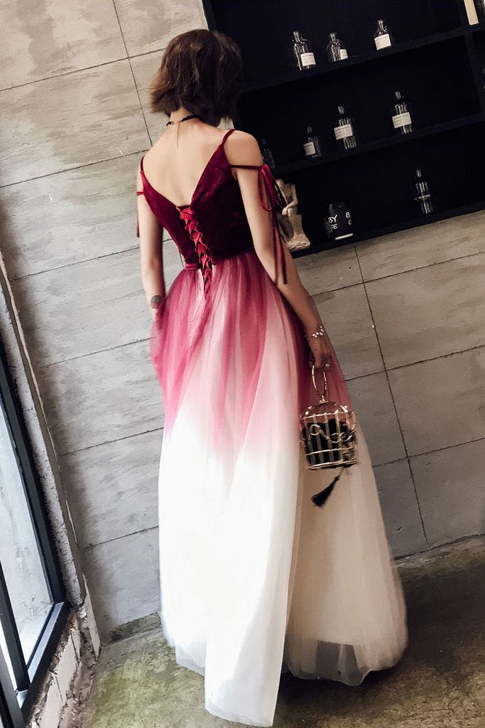 Fashion Burgundy Ombre V Neck Prom Dresses Formal Evening Grad Dress ...