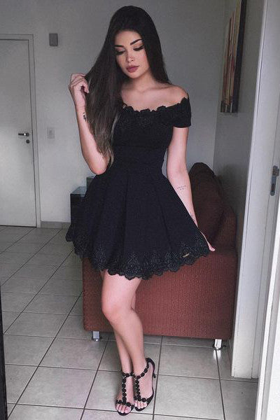 Mini Length Short Sleeves Black Lace Prom Dress Homecoming Dresses Cut ...