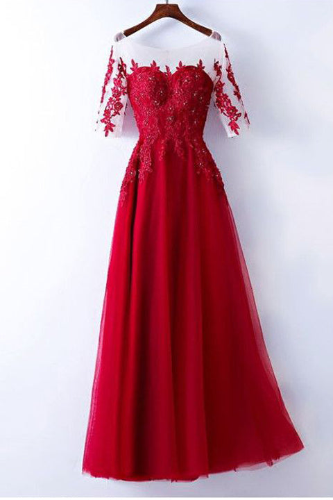 3/4 Sleeves Red Long Lace Prom Dresses Evening Dress Party Gown ...