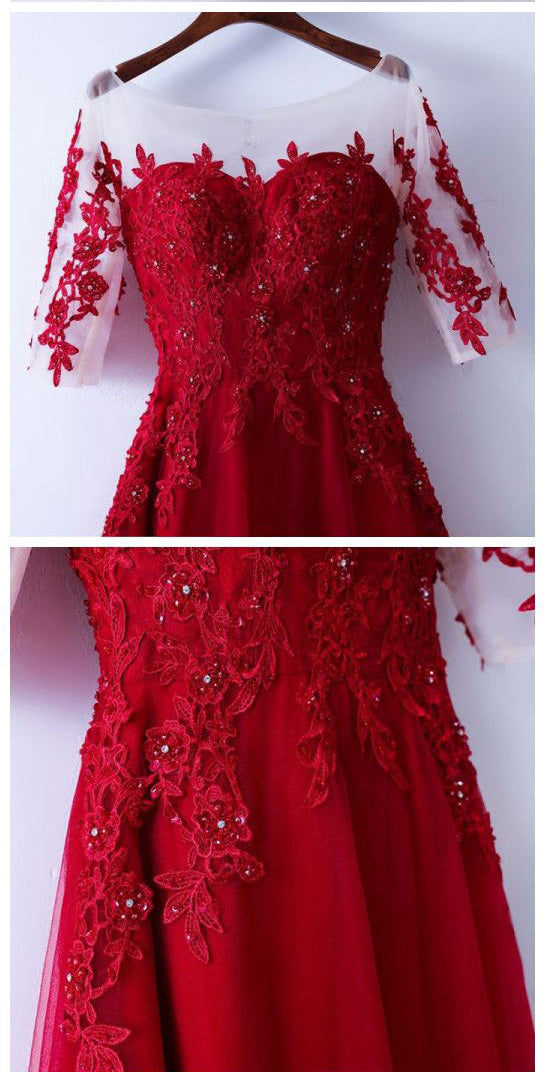 3/4 Sleeves Red Long Lace Prom Dresses Evening Dress Party Gown ...