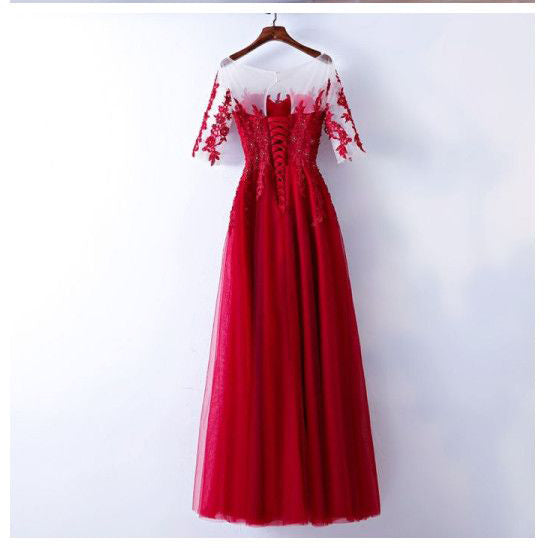 3/4 Sleeves Red Long Lace Prom Dresses Evening Dress Party Gown ...