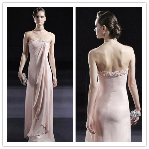 Custom chiffon beautiful beaded strapless draping peachy pink pageant ...
